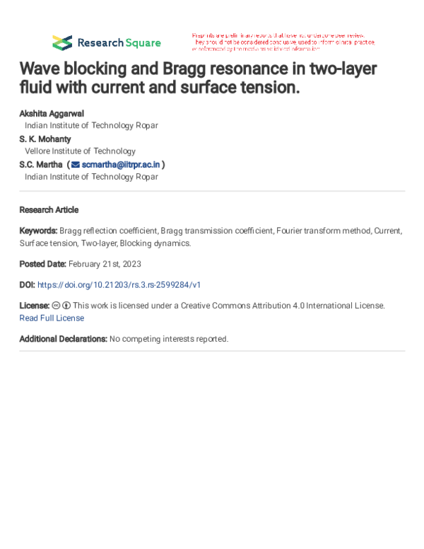 (PDF) Wave blocking and Bragg resonance in two-layer fluid with current ...