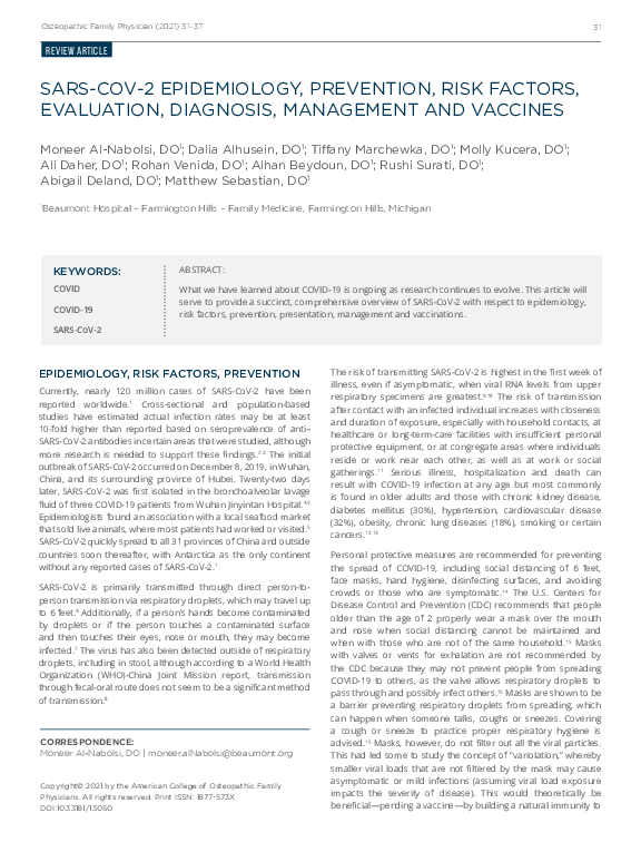 (PDF) SARS-CoV-2 epidemiology, prevention, risk factors, evaluation ...