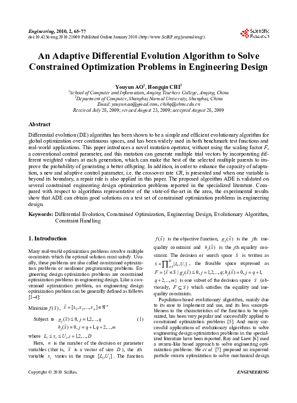 (PDF) An Adaptive Differential Evolution Algorithm to Solve Constrained Optimization Problems in ...