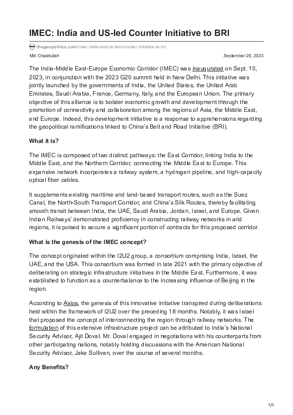 (PDF) IMEC: India and US-led Counter Initiative to BRI