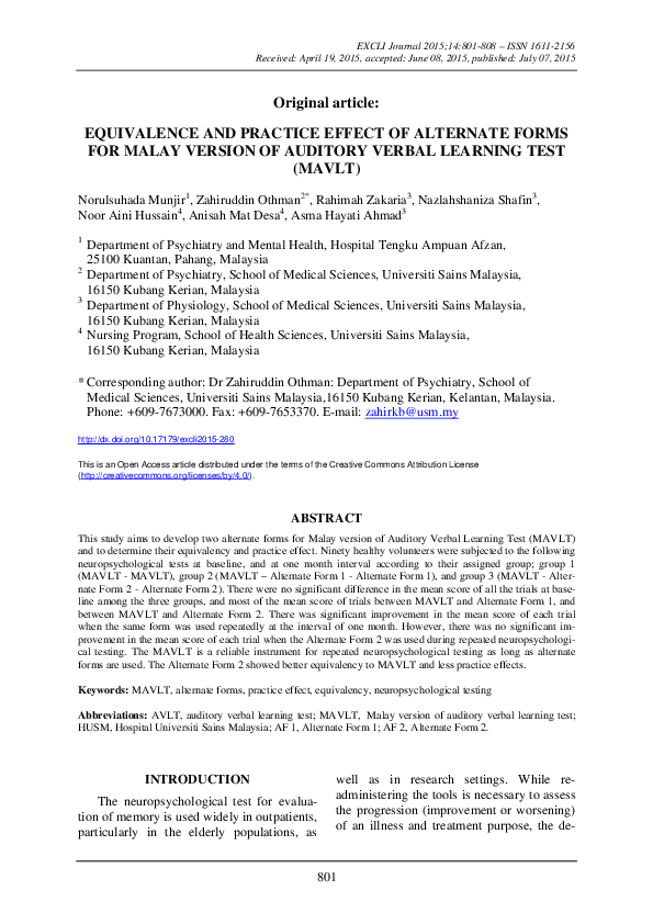 (PDF) Equivalence and practice effect of alternate forms for Malay ...
