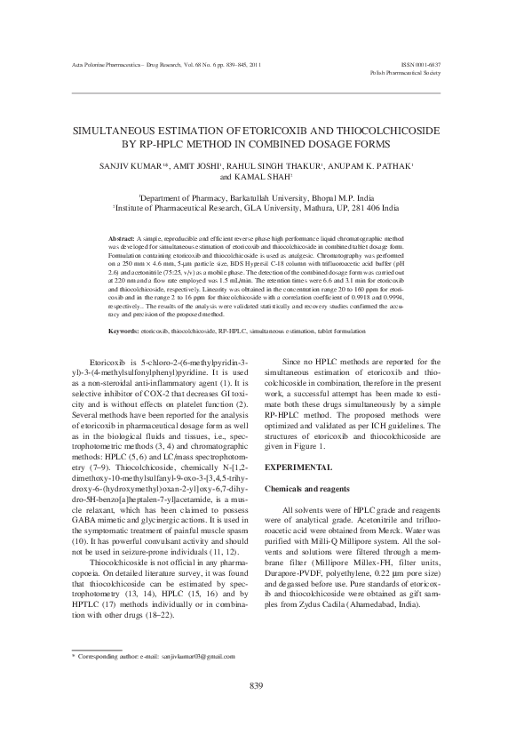 (PDF) Simultaneous estimation of etoricoxib and thiocolchicoside by RP-HPLC method in combined ...