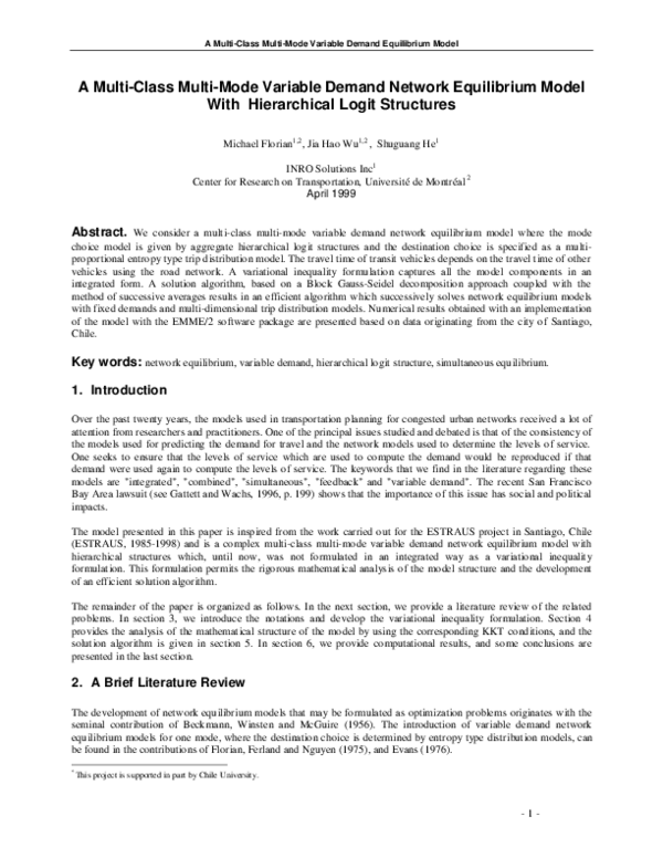 (PDF) A Multi-Class Multi-Mode Variable Demand Network Equilibrium Model with Hierarchical Logit ...