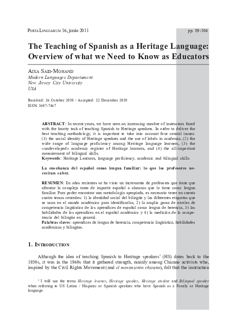 (PDF) The teaching of spanish as a heritage language: overview of what ...