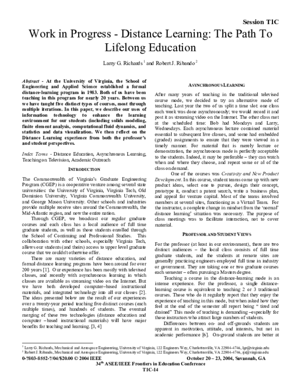 (PDF) Work in progress - distance learning: the path to lifelong education
