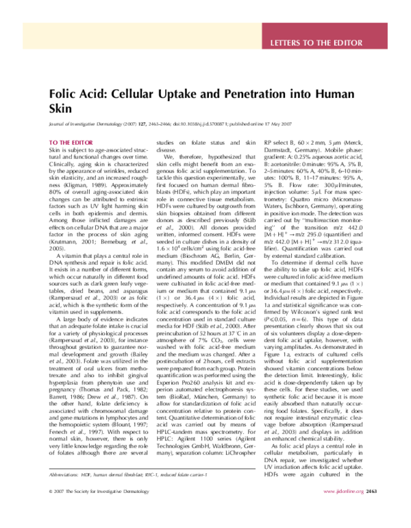 (PDF) Folic Acid: Cellular Uptake and Penetration into Human Skin