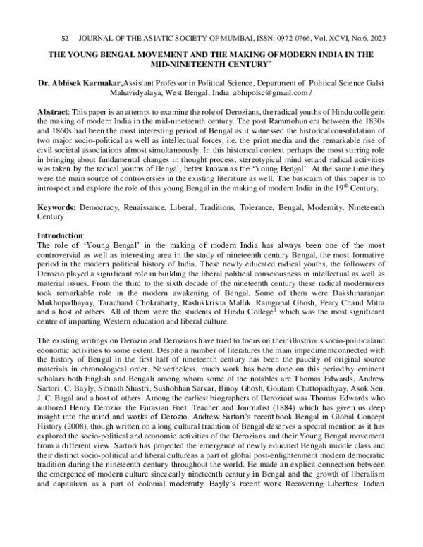 (PDF) THE YOUNG BENGAL MOVEMENT AND THE MAKING OF MODERN INDIA IN THE ...