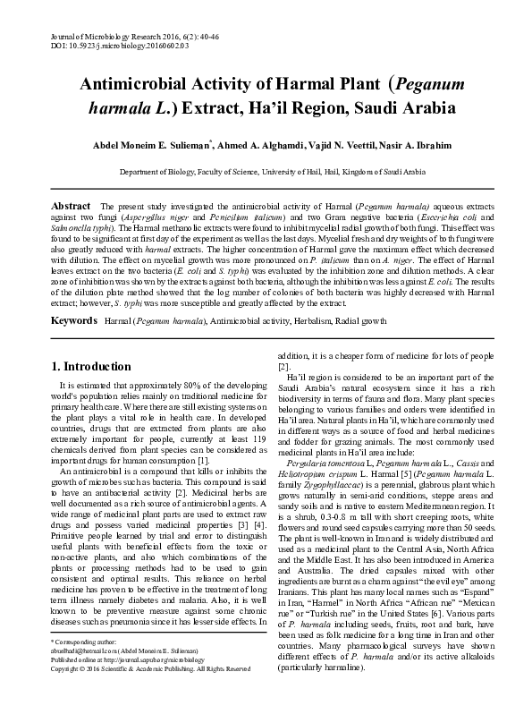 (PDF) Antimicrobial Activity of Harmal Plant ( Peganum harmala L. ) Extract, Ha’il Region, Saudi ...