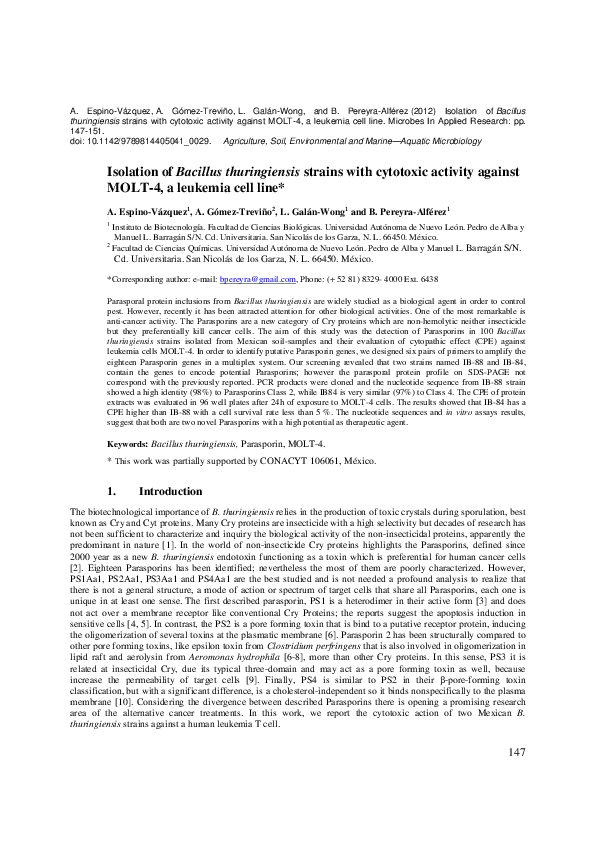 (PDF) Isolation of Bacillus thuringiensis strains with cytotoxic activity against MOLT-4, a ...