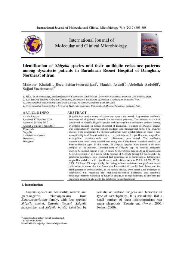 (PDF) Identification of Shigella species and their antibiotic ...