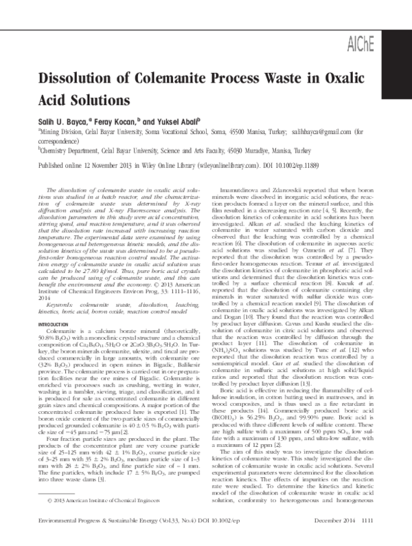(PDF) Dissolution of colemanite process waste in oxalic acid solutions