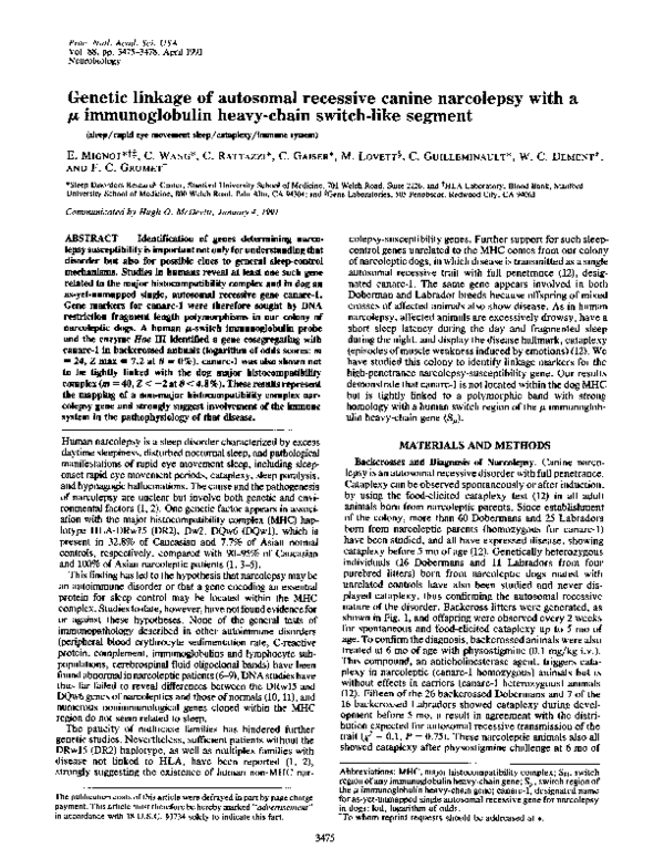 (PDF) Genetic linkage of autosomal recessive canine narcolepsy with a ...
