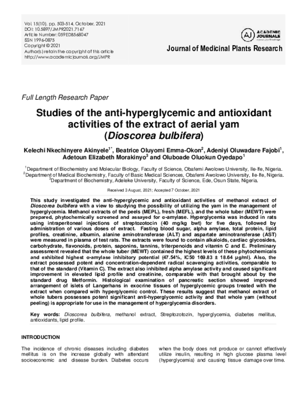 (PDF) Studies of the anti-hyperglycemic and antioxidant activities of the extract of aerial yam ...