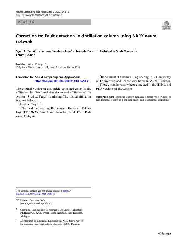 (PDF) Correction to: Fault detection in distillation column using NARX neural network