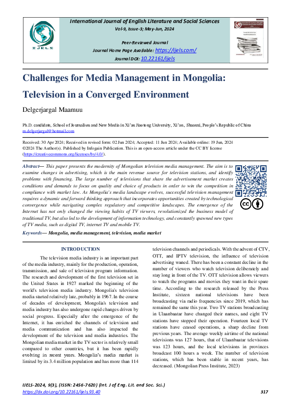 (PDF) Challenges for Media Management in Mongolia: Television in a ...