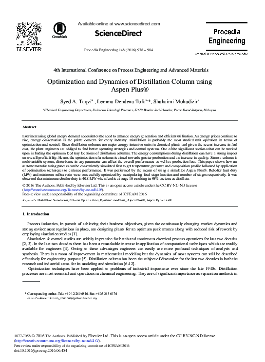 (PDF) Optimization and Dynamics of Distillation Column Using Aspen Plus®