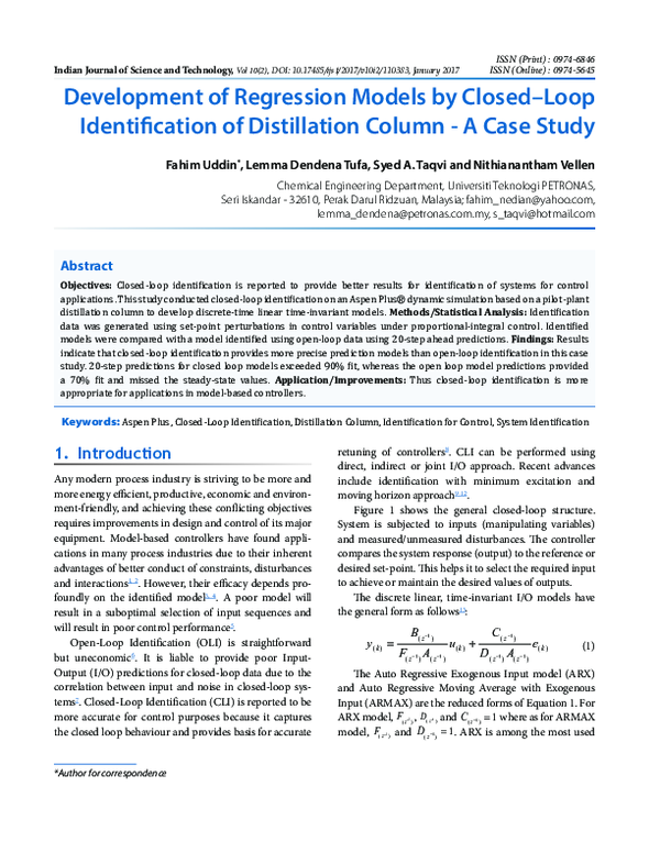 (PDF) Development of Regression Models by Closed–Loop Identification of Distillation Column - A ...