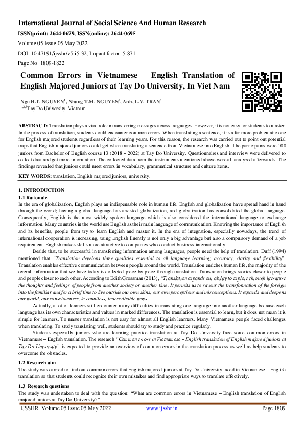 (PDF) Common Errors in Vietnamese – English Translation of English Majored Juniors at Tay Do ...