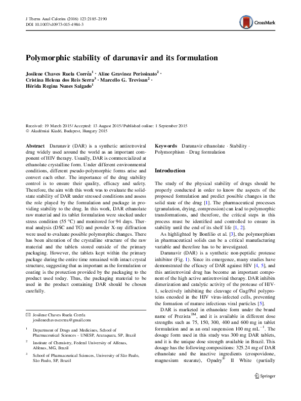 (PDF) Polymorphic stability of darunavir and its formulation