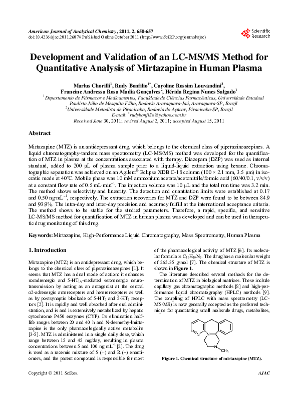 (PDF) Development and Validation of an LC-MS/MS Method for Quantitative Analysis of Mirtazapine ...