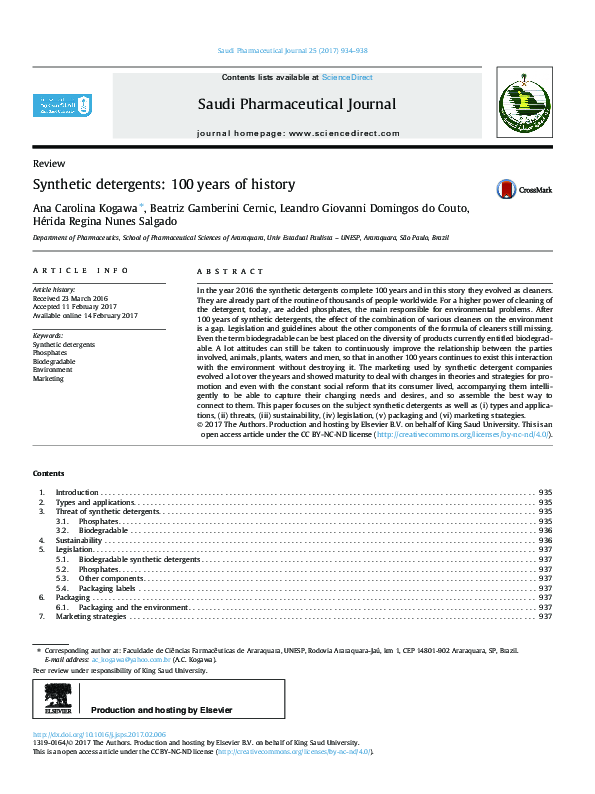 (PDF) Synthetic detergents: 100 years of history