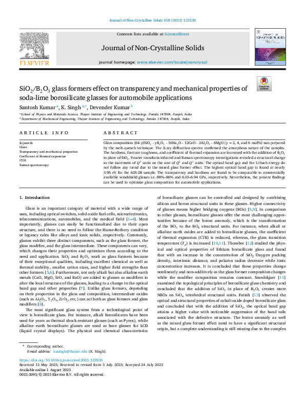 (PDF) SiO2/B2O3 glass formers effect on transparency and mechanical ...