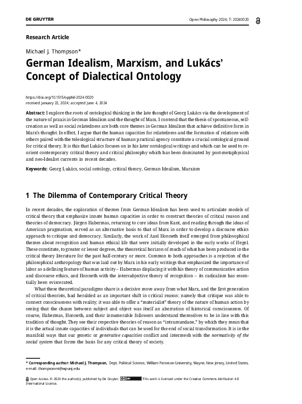 (PDF) German Idealism, Marxism and Lukács' Concept of Dialectical Ontology