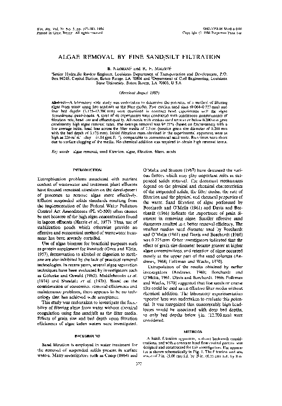 (PDF) Algae removal by fine sand/silt filtration