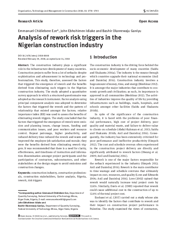 (PDF) Analysis of Rework Risk Triggers in the Nigerian Construction ...