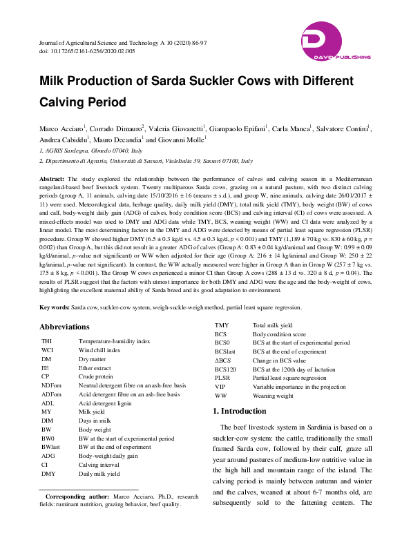 (PDF) Milk Production of Sarda Suckler Cows with Different Calving Period
