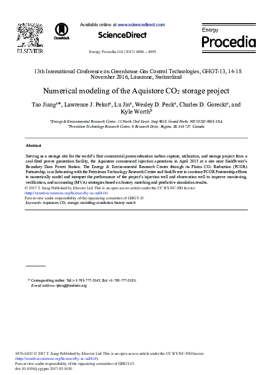 (PDF) Numerical Modeling of the Aquistore CO2 Storage Project