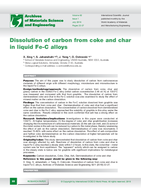 (PDF) Dissolution of carbon from coke and char in liquid Fe-C alloys
