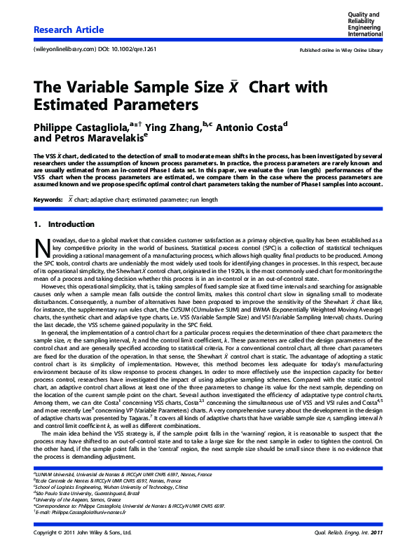 (PDF) The Variable Sample Size X¯ Chart with Estimated Parameters