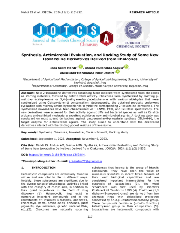 (PDF) Synthesis, Antimicrobial Evaluation, and Docking Study of Some New Isoxazoline Derivatives ...