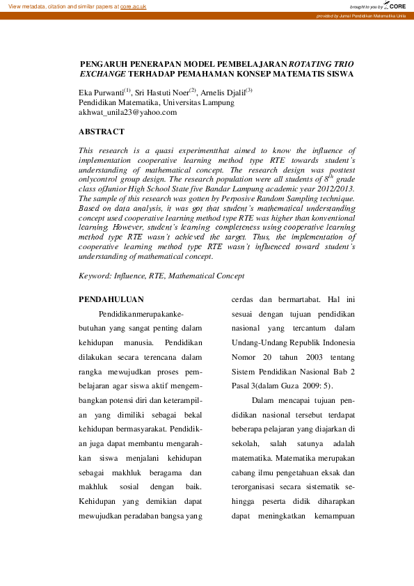 (PDF) Pengaruh Penerapan Model Pembelajaran Rotating Trio Exchange Terhadap Pemahaman Konsep ...