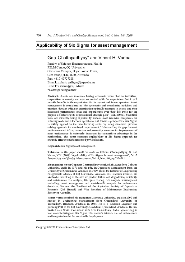 (PDF) Applicability of Six Sigma for asset management