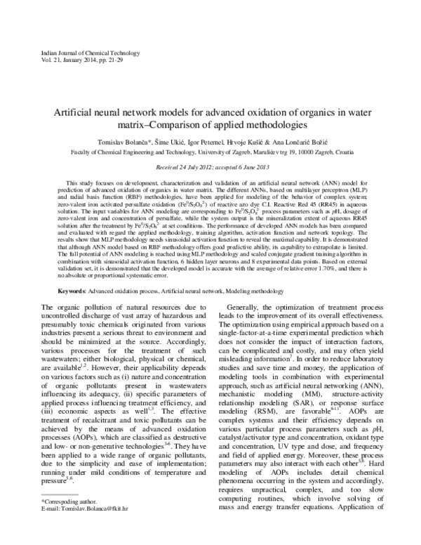 (PDF) Artificial neural network models for advanced oxidation of organics in water matrix ...