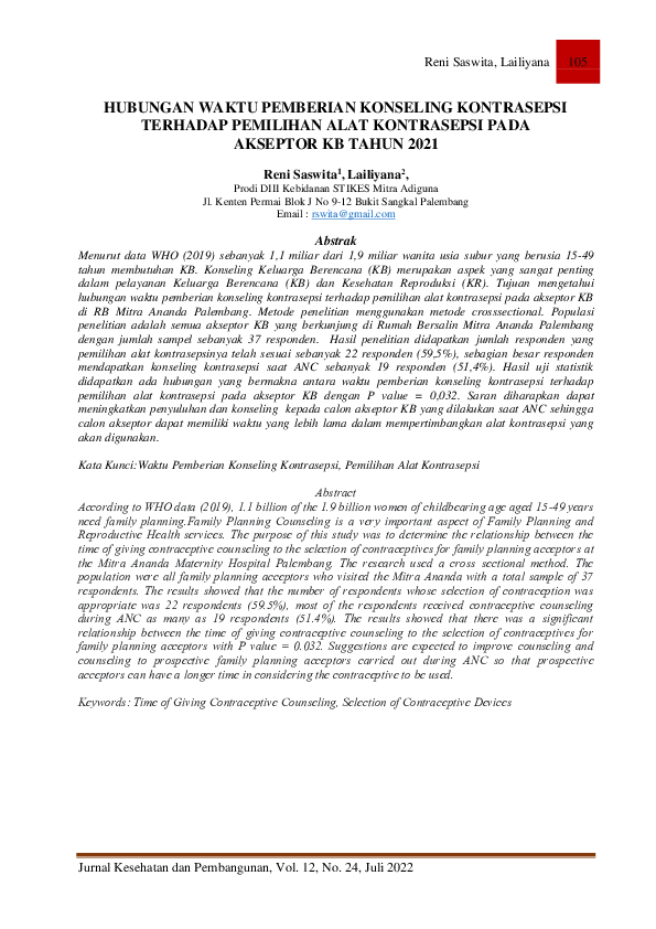 (PDF) Hubungan Waktu Pemberian Konseling Kontrasepsi Terhadap Pemilihan Alat Kontrasepsi Pada ...