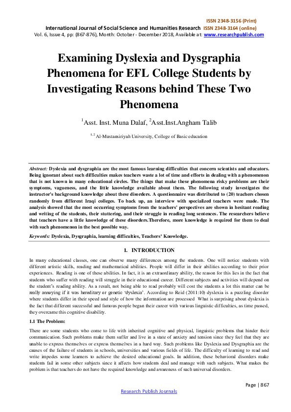 (PDF) Examining Dyslexia and Dysgraphia Phenomena for EFL College ...