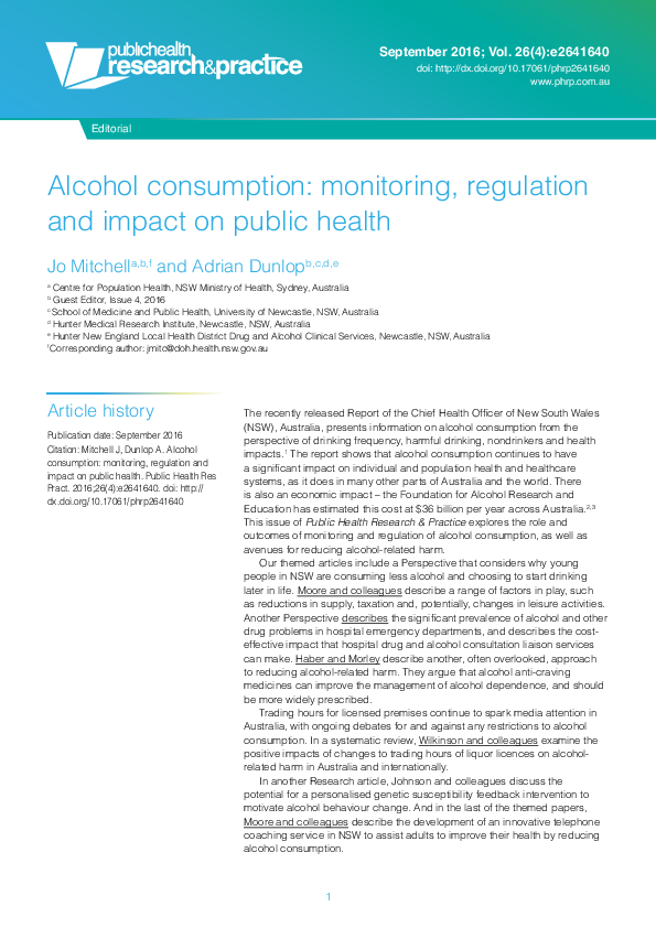 (PDF) Alcohol consumption: monitoring, regulation and impact on public health