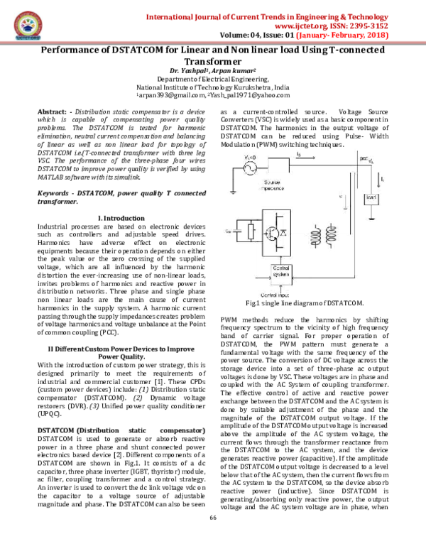 Pdf Performance Of Dstatcom For Linear And Non Linear Load Using T Connected Transformer