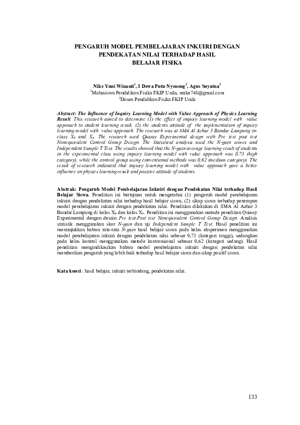 (PDF) Pengaruh Model Pembelajaran Inkuiri Dengan Pendekatan Nilai Terhadap Hasil Belajar Fisika ...