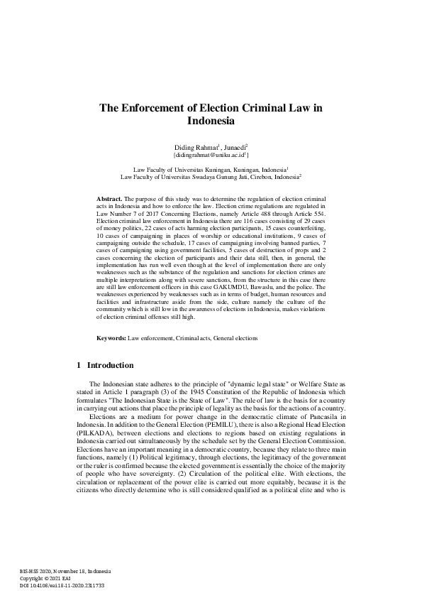 (PDF) The Enforcement of Election Criminal Law in Indonesia