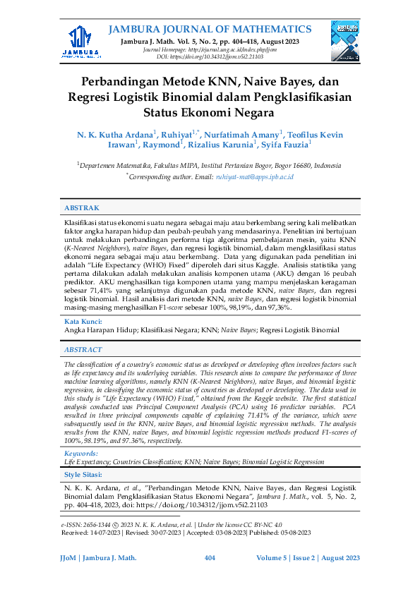 (PDF) Perbandingan Metode KNN, Naive Bayes, dan Regresi Logistik ...