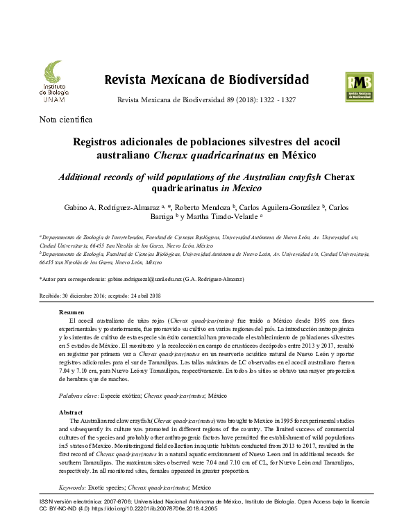 (PDF) Registros adicionales de poblaciones silvestres del acocil ...