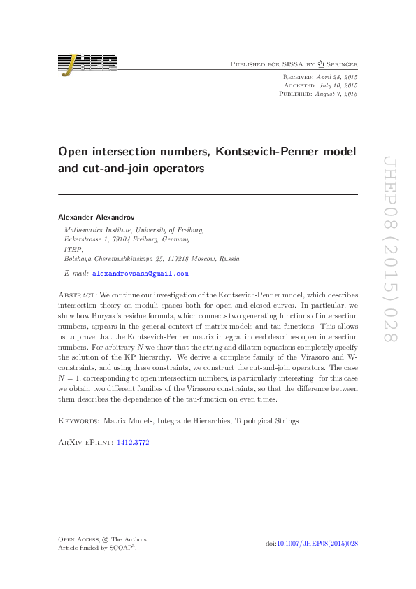 (PDF) Open intersection numbers, Kontsevich-Penner model and cut-and ...