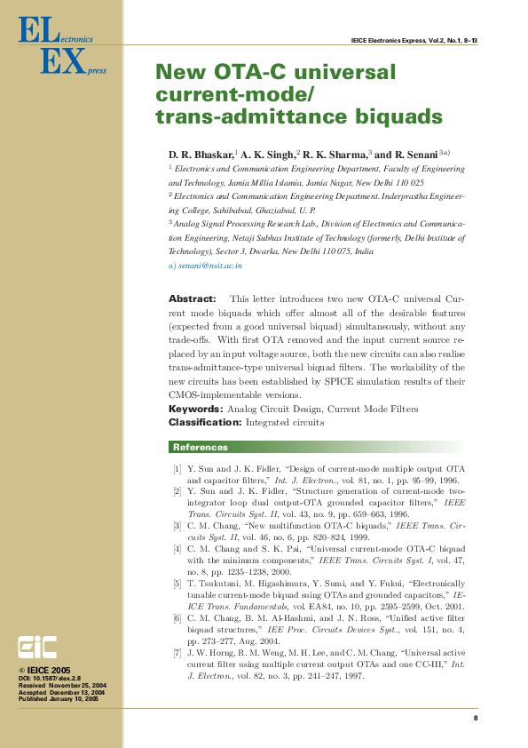 (PDF) New OTA-C universal current-mode/trans-admittance biquads