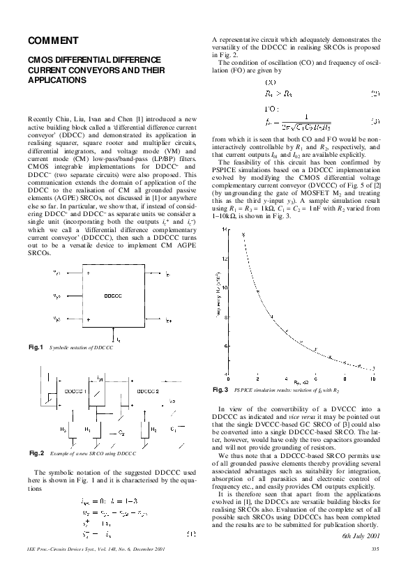 (PDF) Comment: CMOS differential difference current conveyors and their ...