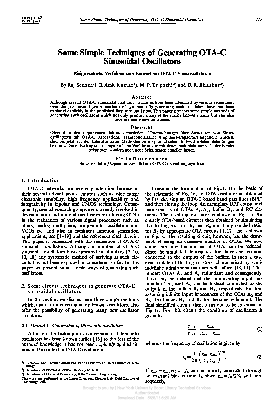 (PDF) Some Simple Techniques of Generating OTA-C Sinusoidal Oscillators