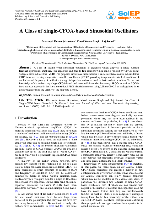 (PDF) A Class of Single-CFOA-based Sinusoidal Oscillators | Dr. Raj Senani - Academia.edu